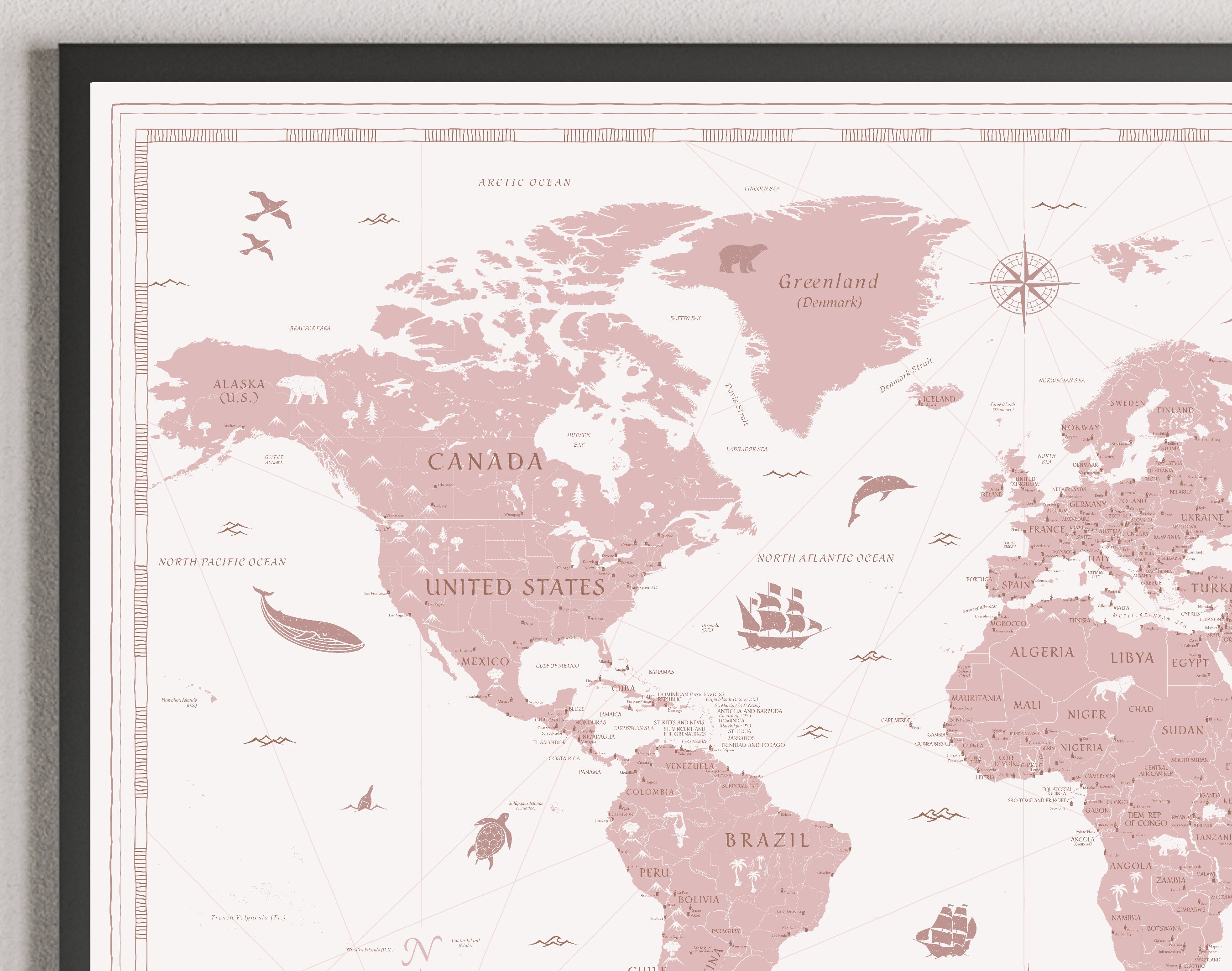 World Map Digital Download blush Pink Colour World Map Printable Wall ...