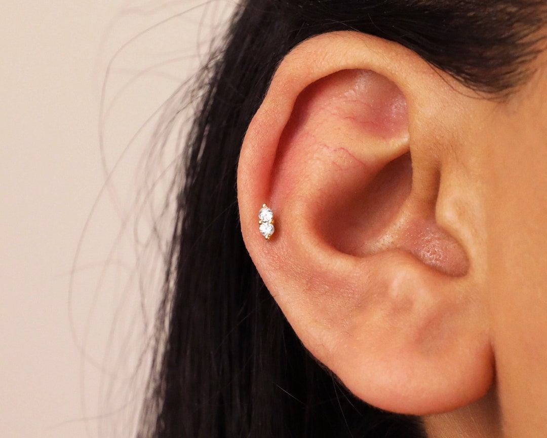 18G/16G Gold Twin Labret Cartilage Studs • Tragus Stud • Conch Earring • Tragus • Helix ...