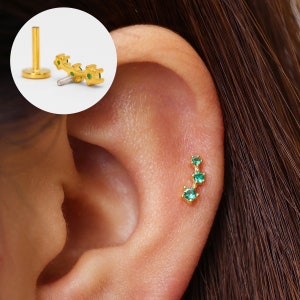 Emerald Charm Flat Back Earring Set • Set of 3 • Cartilage Earrings ...