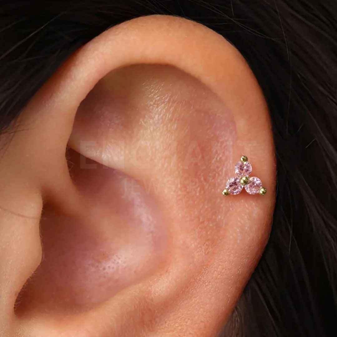 18G/16G Tiny Pink Tourmaline Lotus Flower Internally Threaded Flatback ...