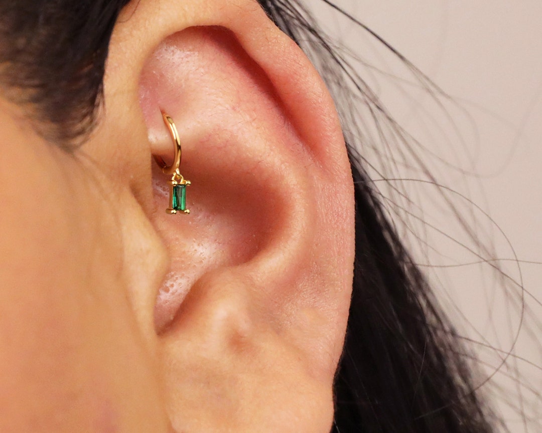 18G Tiny Emerald Baguette Rook Hoop Earring • Tiny Gold Cartilage Hoop ...