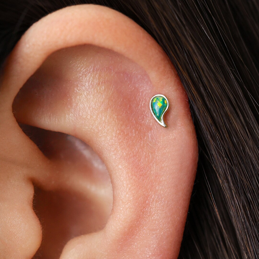 Green Opal Teardrop Labret: Sterling Silver Tragus, Helix, Nose Stud ...