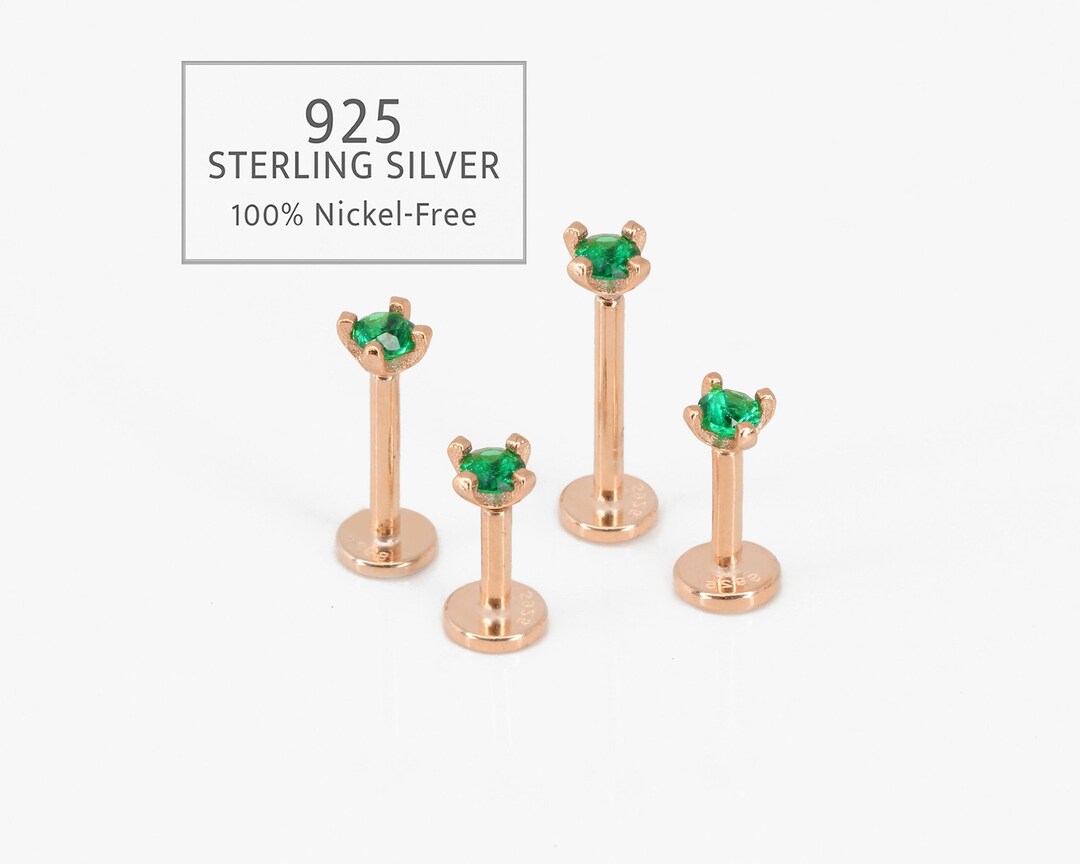 18G/16G Rose Gold Emerald Threadless Push Pin Labret Stud • Solid 925 ...