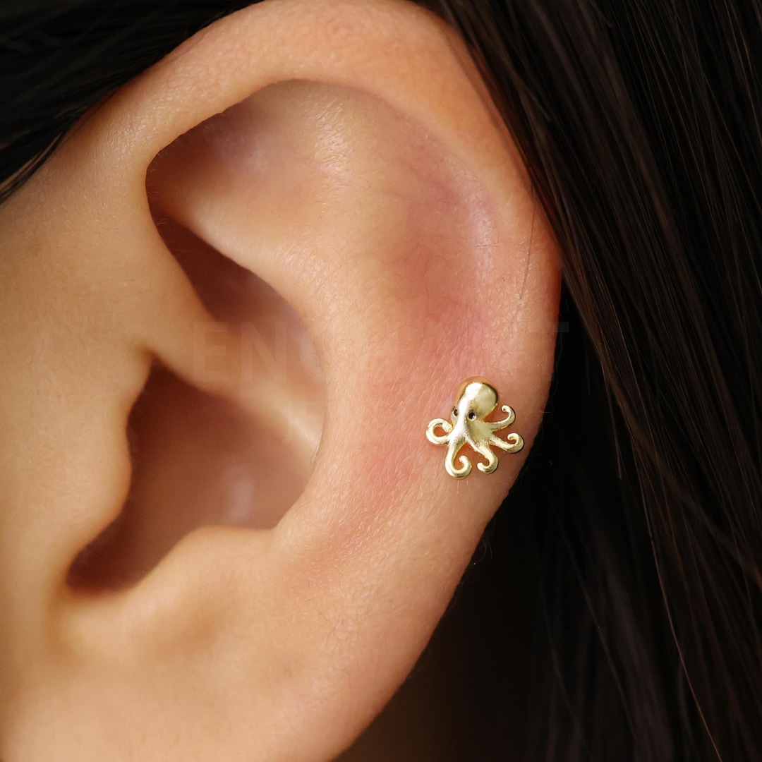 18G/16G Tiny Octopus Internally Threaded Flatback Labret • Tragus Stud ...