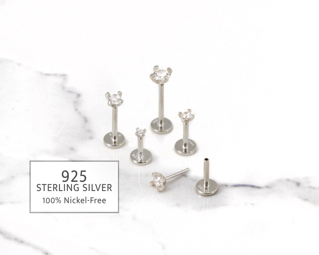 20G/18G/16G Silver Threadless Push Pin Labret Stud • Solid 925 Sterling ...