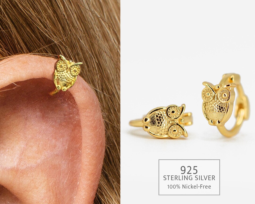 18G Gold Owl Cartilage Hoop Earring • Upper Helix Earring • Lower Lobe Hoop Earring • Ear Stack ...
