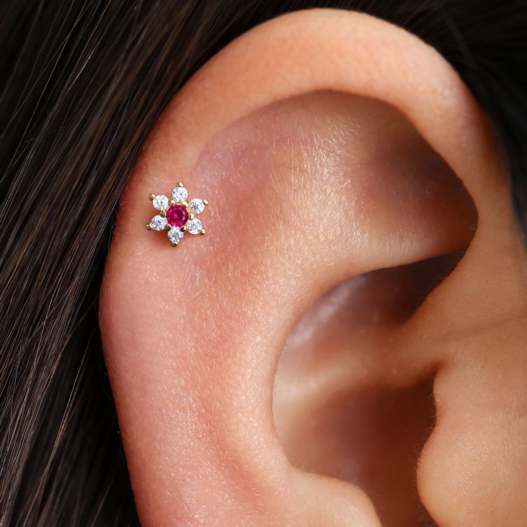 Ruby Flower Cartilage Earring: 18K Gold Plated Sterling Silver Labret ...