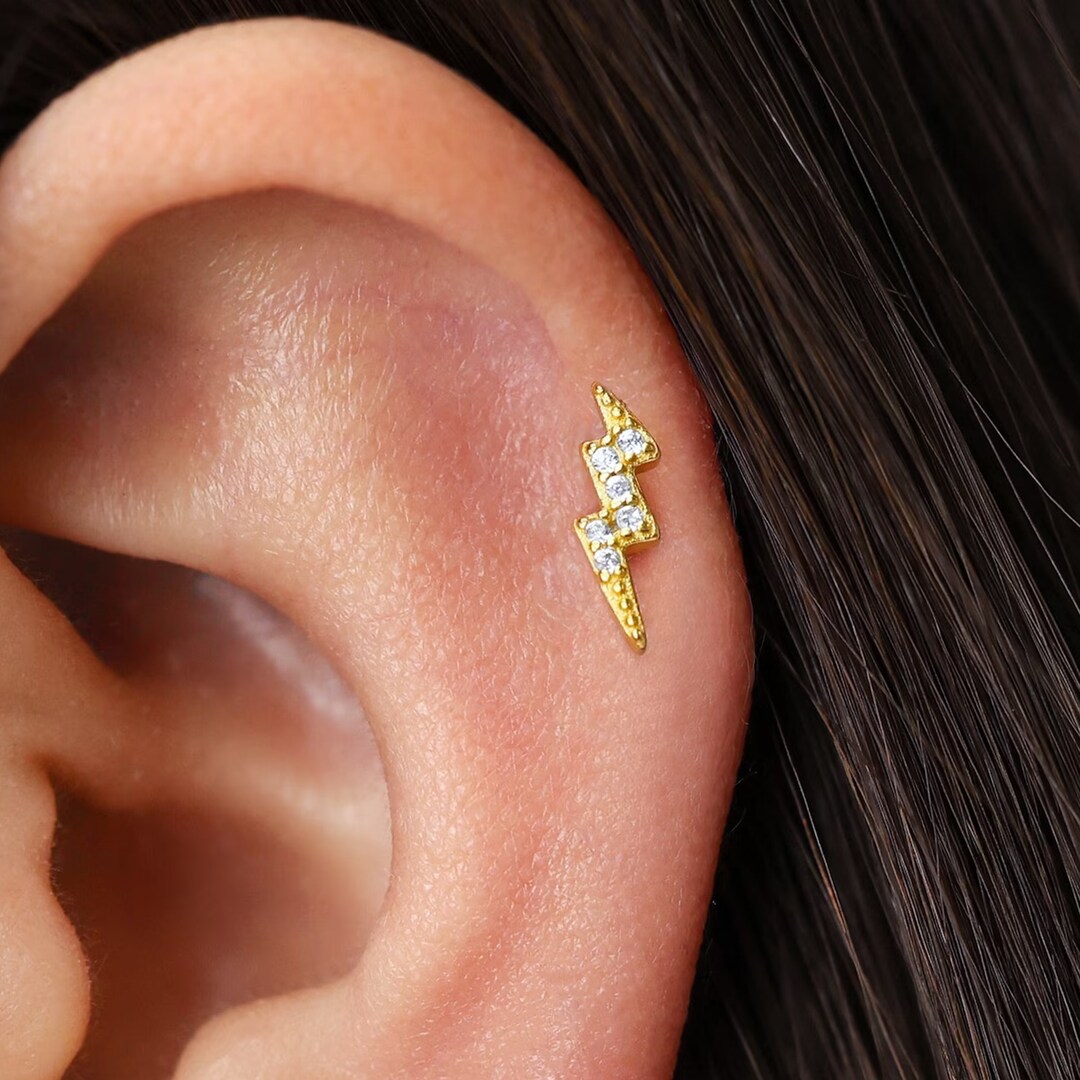 18G/16G Gold Paved Lightning Labret Cartilage • Tragus • Conch Earring ...