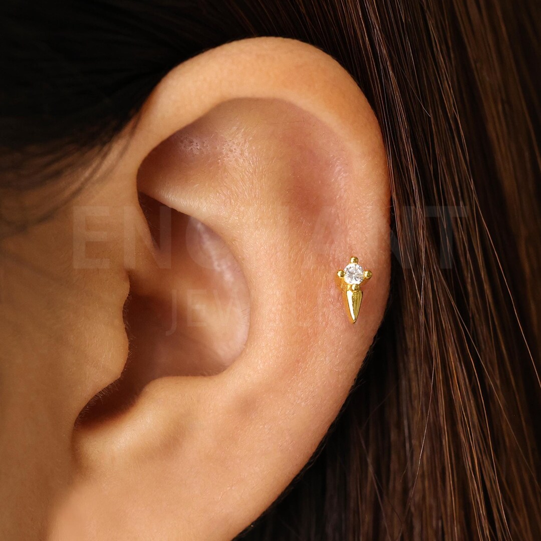 18G/16G Gold Dagger Labret Cartilage Stud • Spike Tragus Stud • Conch Earring • Tragus • Helix ...