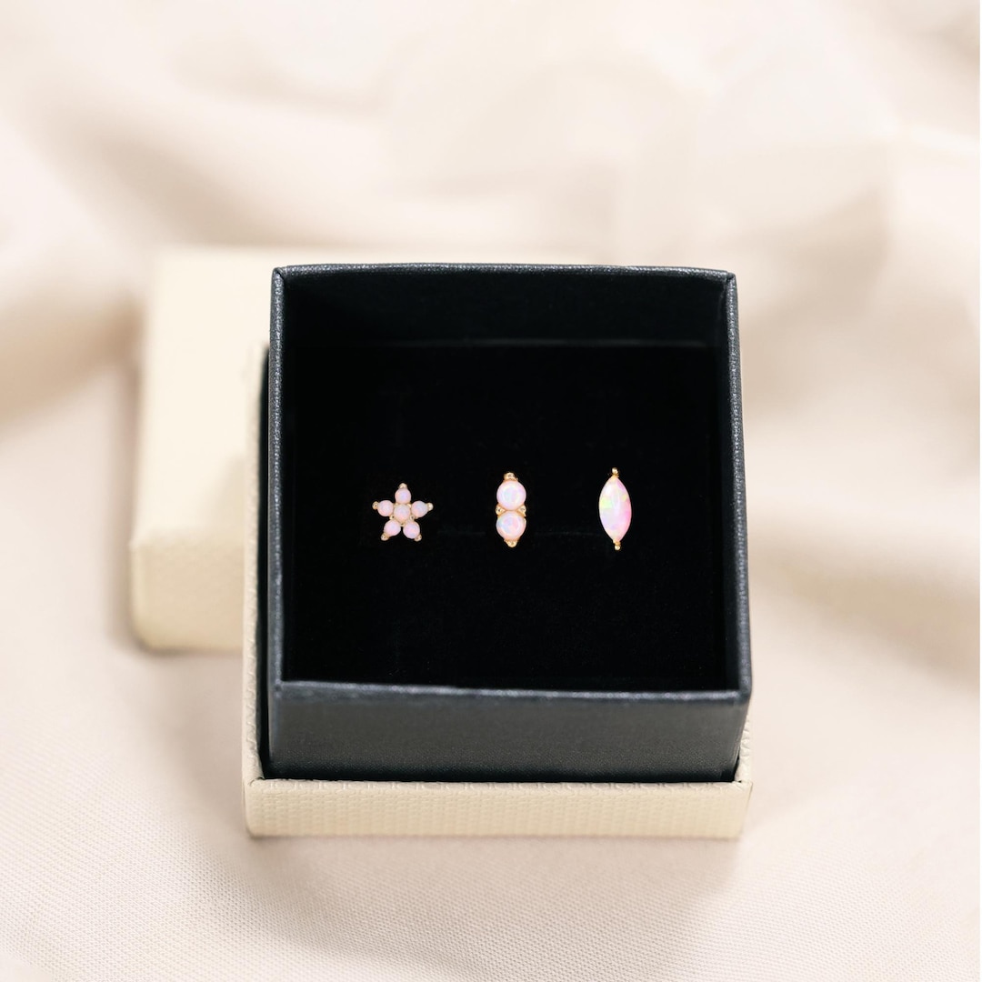 White Opal Flat Back Earring Set • Set of 3 • Cartilage Earrings ...