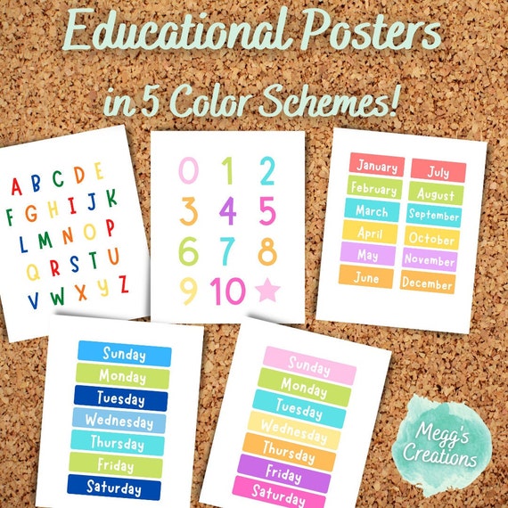 Educational Posters Alphabet Colors Numbers Shapes Days Months - Etsy