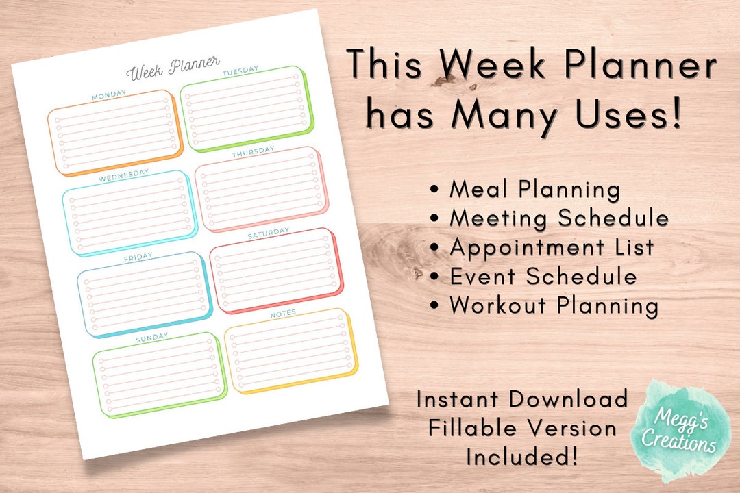 Week Planner, Printable and Fillable, Multiple Uses, Instant Download ...