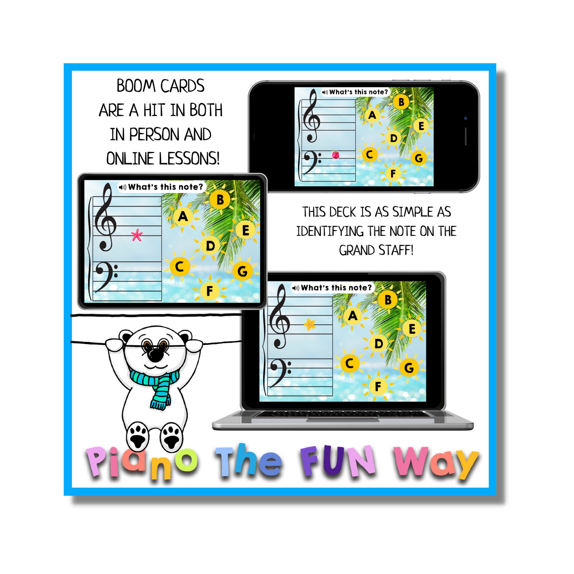 Boom Cards: Grand Staff Level 1 Summer Edition (bass F to Treble G) - Etsy