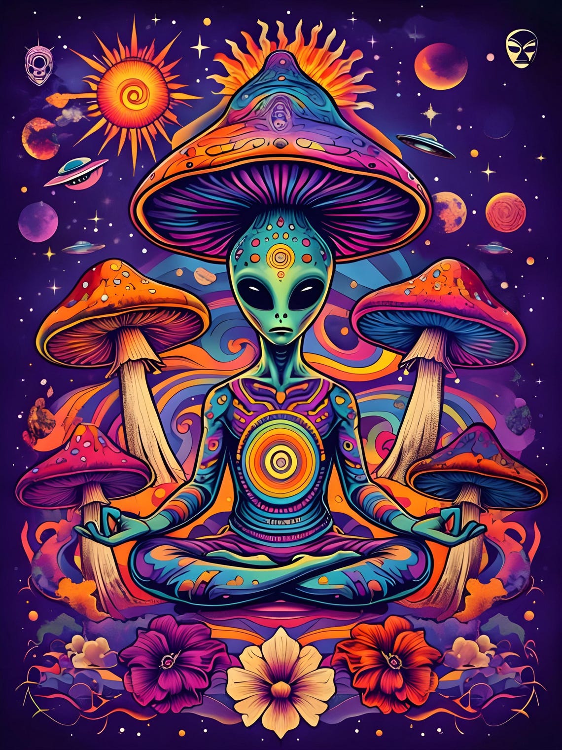 Psychedelic Alien Meditation Digital Wall Art | Trippy Mushroom Cosmic ...