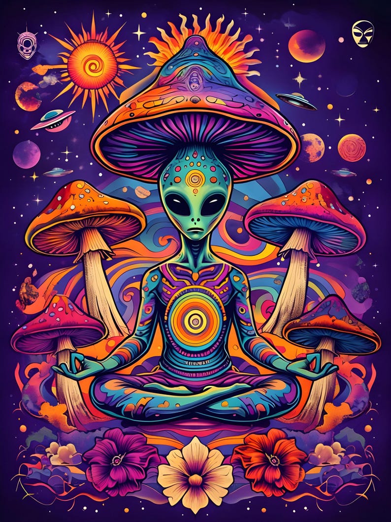 Psychedelic Alien Meditation Digital Wall Art | Trippy Mushroom Cosmic ...