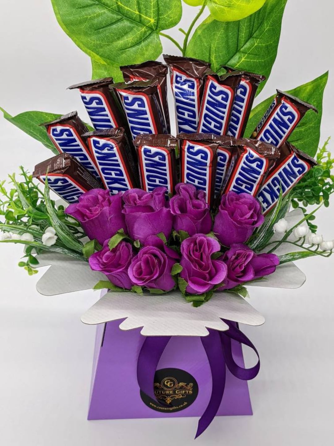 Chocolate Bouquet Purple Snickers Silk Flowers Gift Hamper - Etsy