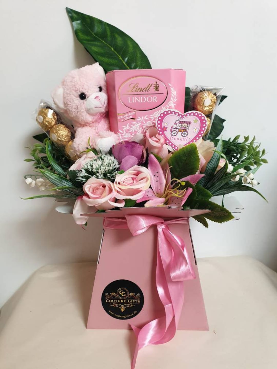 Chocolate Bouquet Baby Girl Pink Strawberries & Cream Lindt Ferrero ...