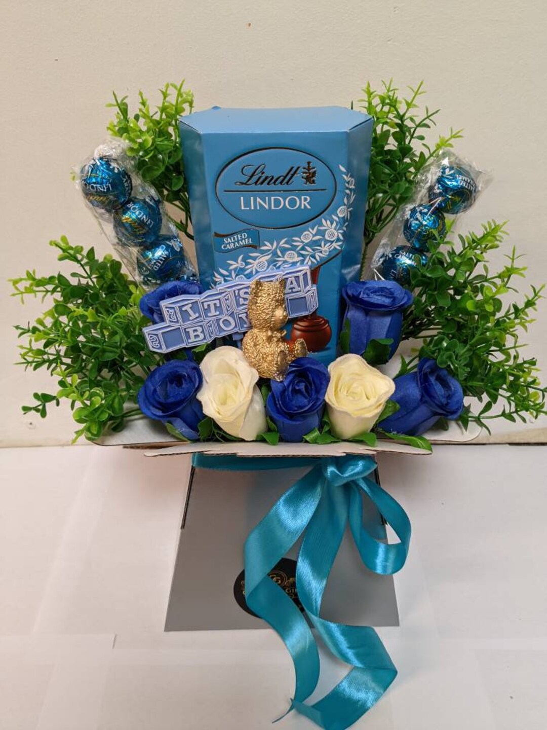 Chocolate Bouquet Baby Boy Teddy Keepsake Blue Salted Caramel Lindt ...