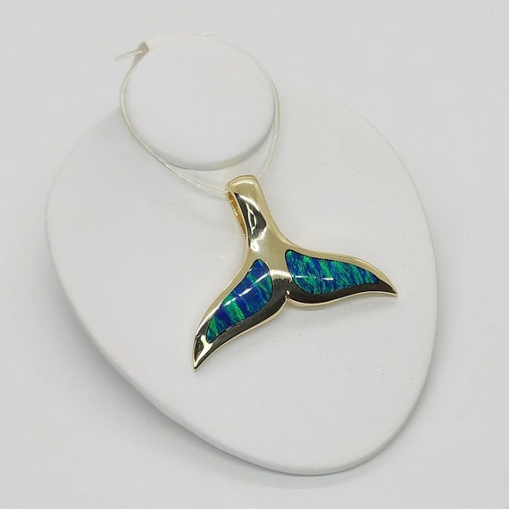14K Yellow Gold Opal Inlay Whale Tail Pendant Slide - Gem
