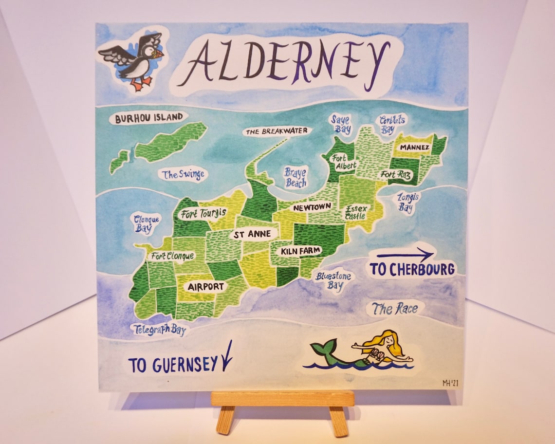 Printed Watercolour Map of Alderney, Channel Islands - Etsy UK