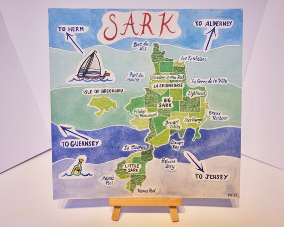 Printed watercolour map of Sark Channel Islands | Etsy