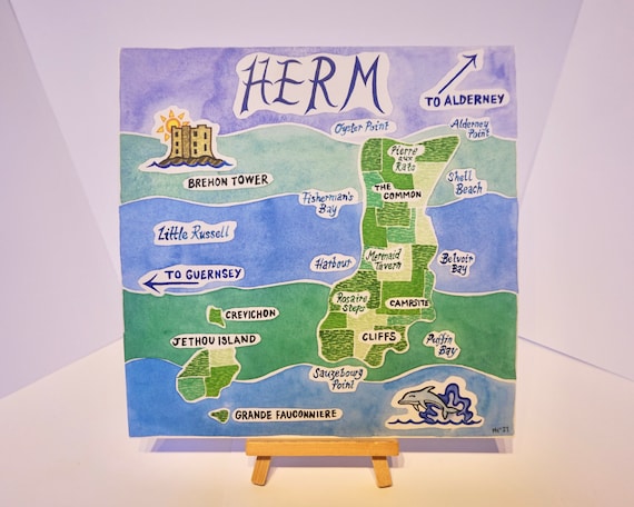 Printed watercolour map of Herm Channel Islands | Etsy