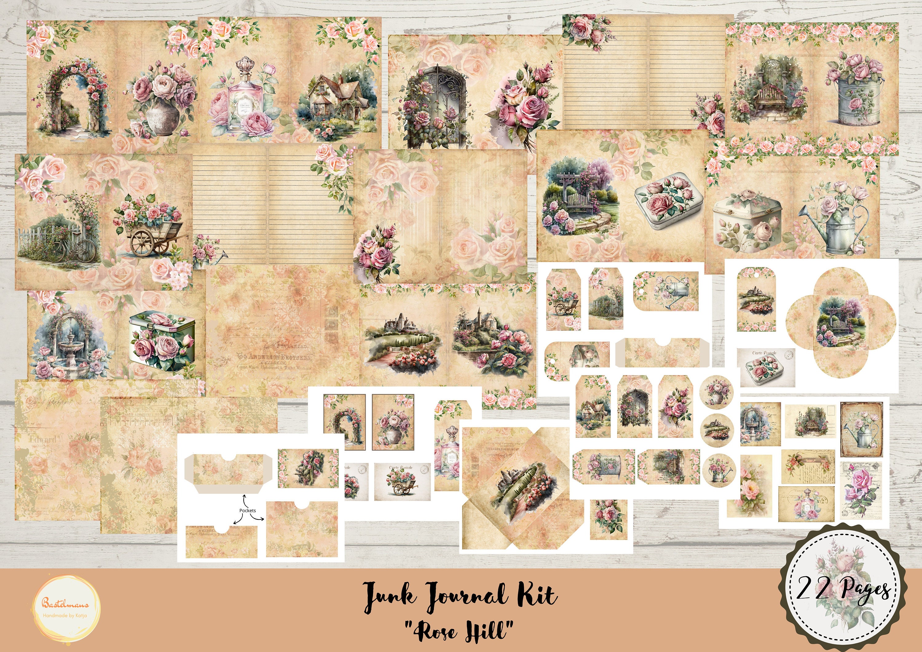 Junk Journal Rose Hill Printable Kit, Digital Download, Pages, Backing ...