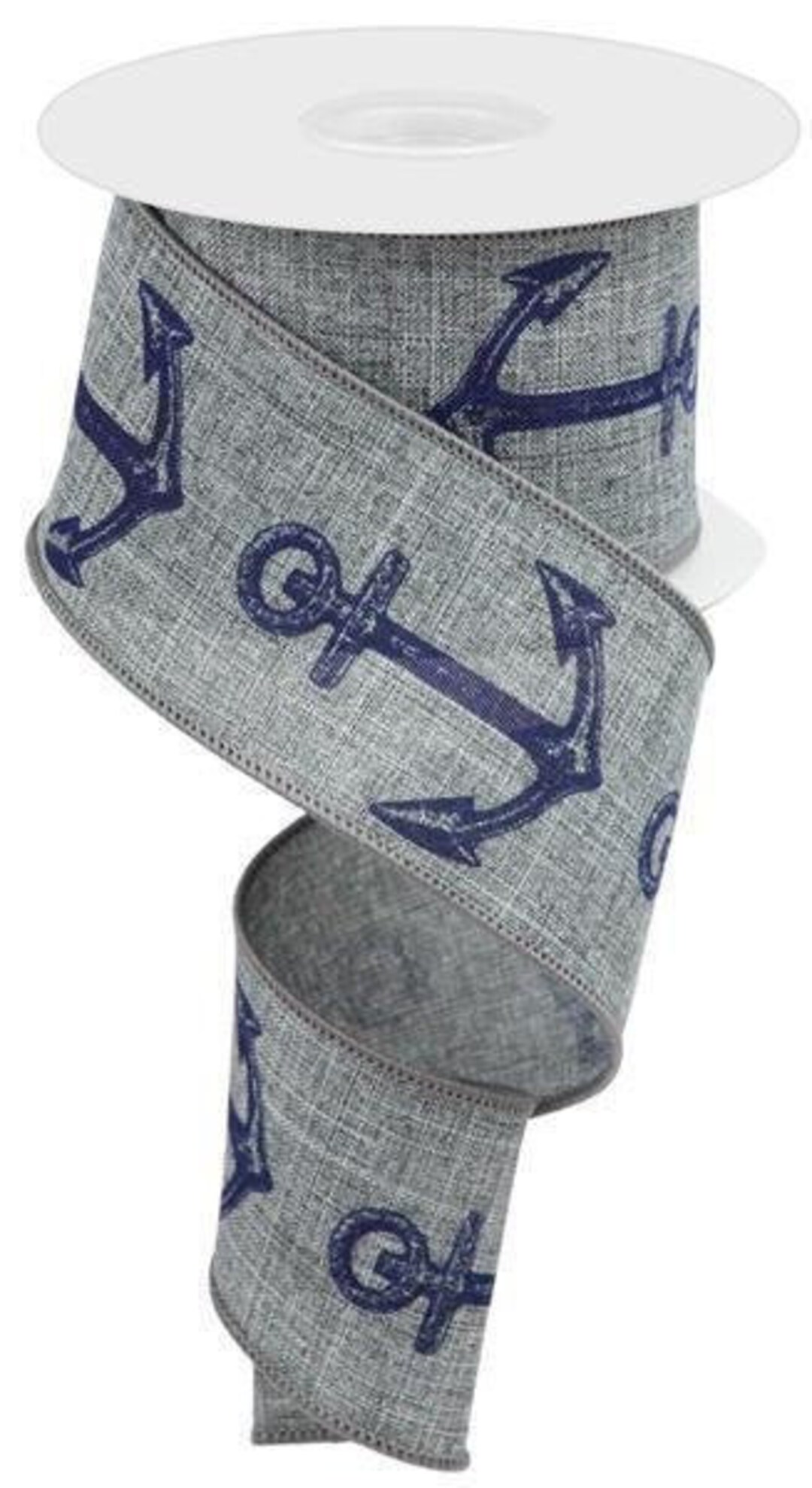 Gray Nautical Ribbon Blue Anchors Wired Ribbon 2.5 X 10 Yard Ribbon by ...