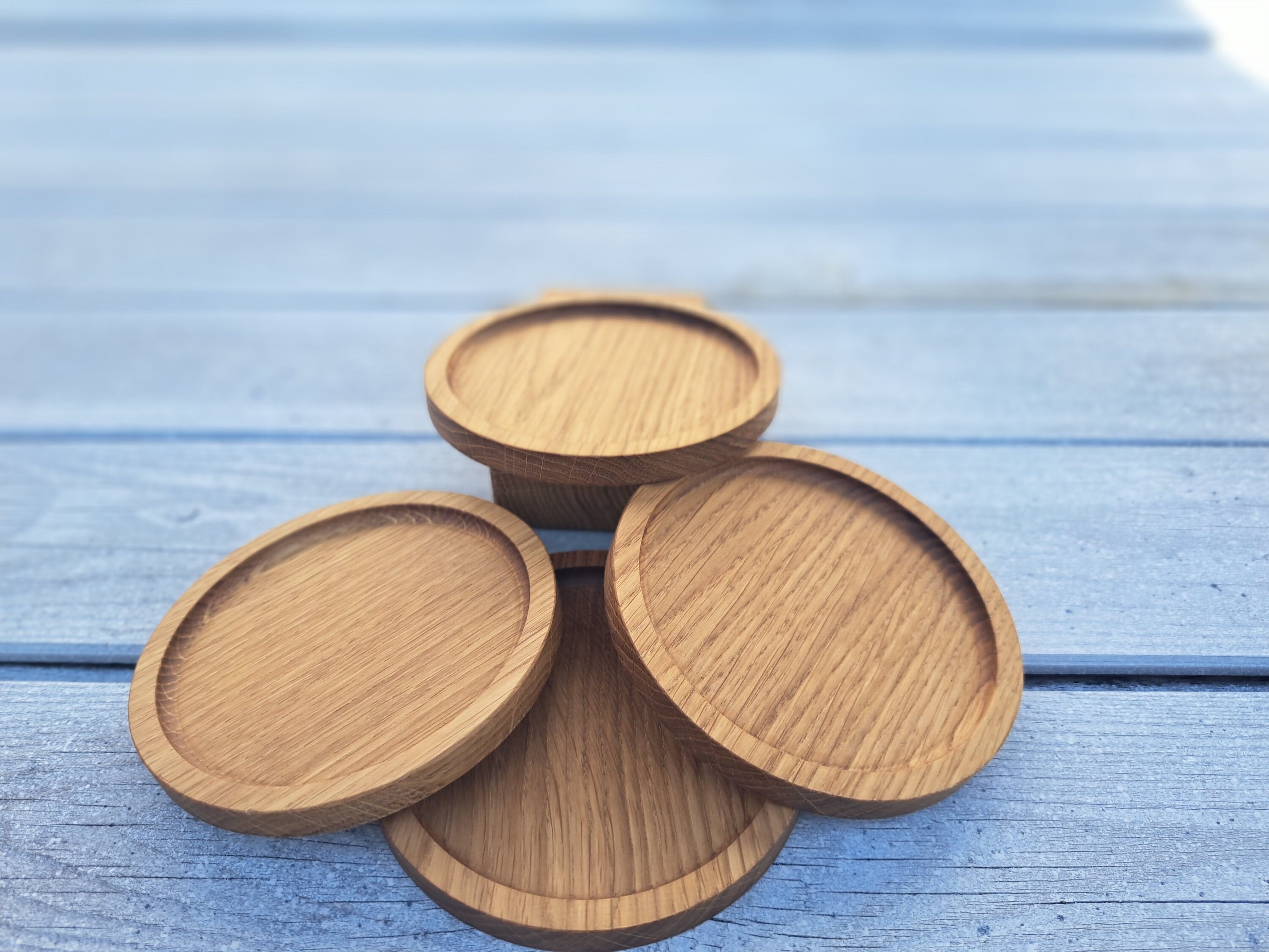 Round Wooden Oak Wood Cup Coasters Set - Etsy