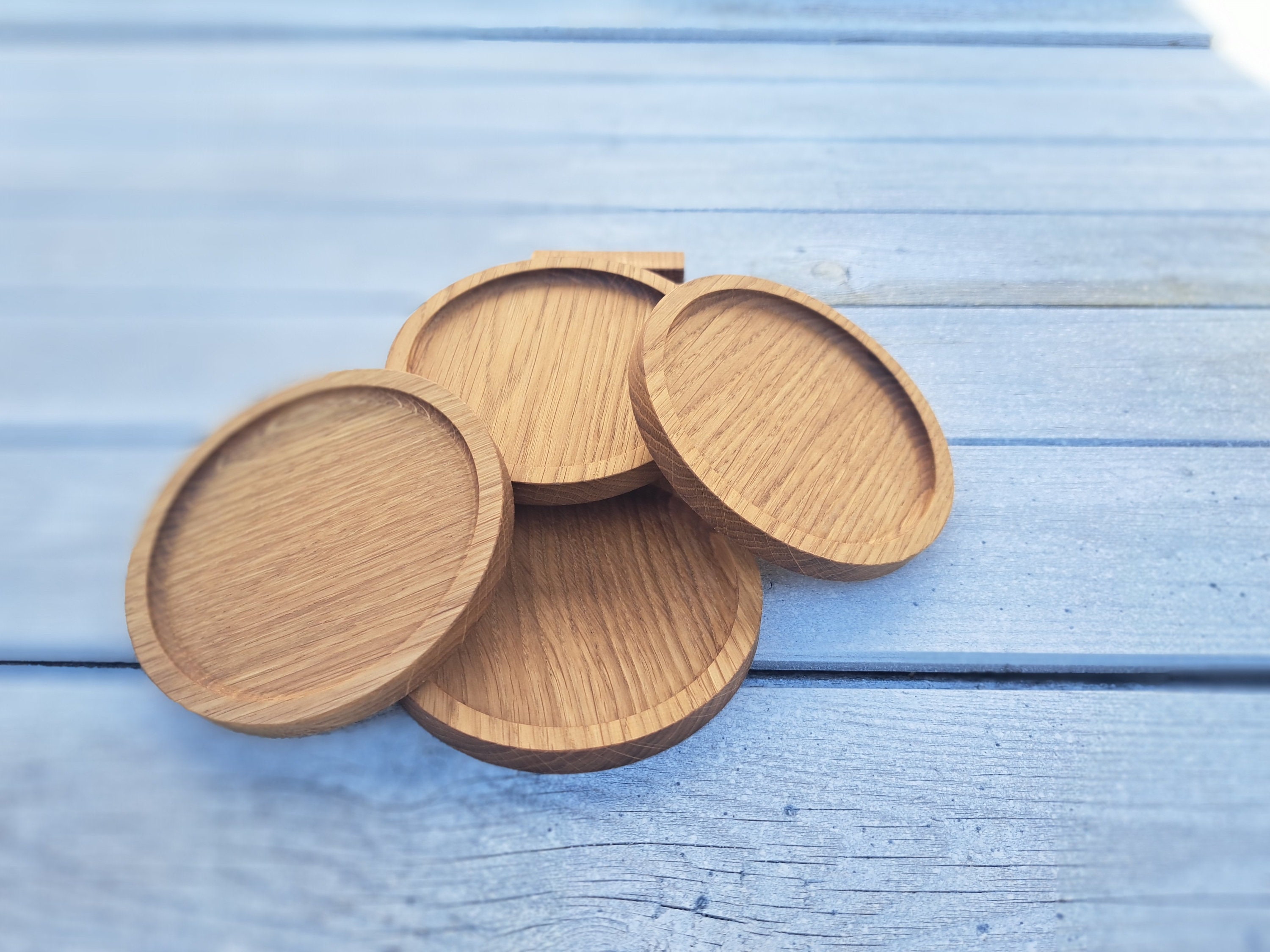 Round Wooden Oak Wood Cup Coasters Set - Etsy