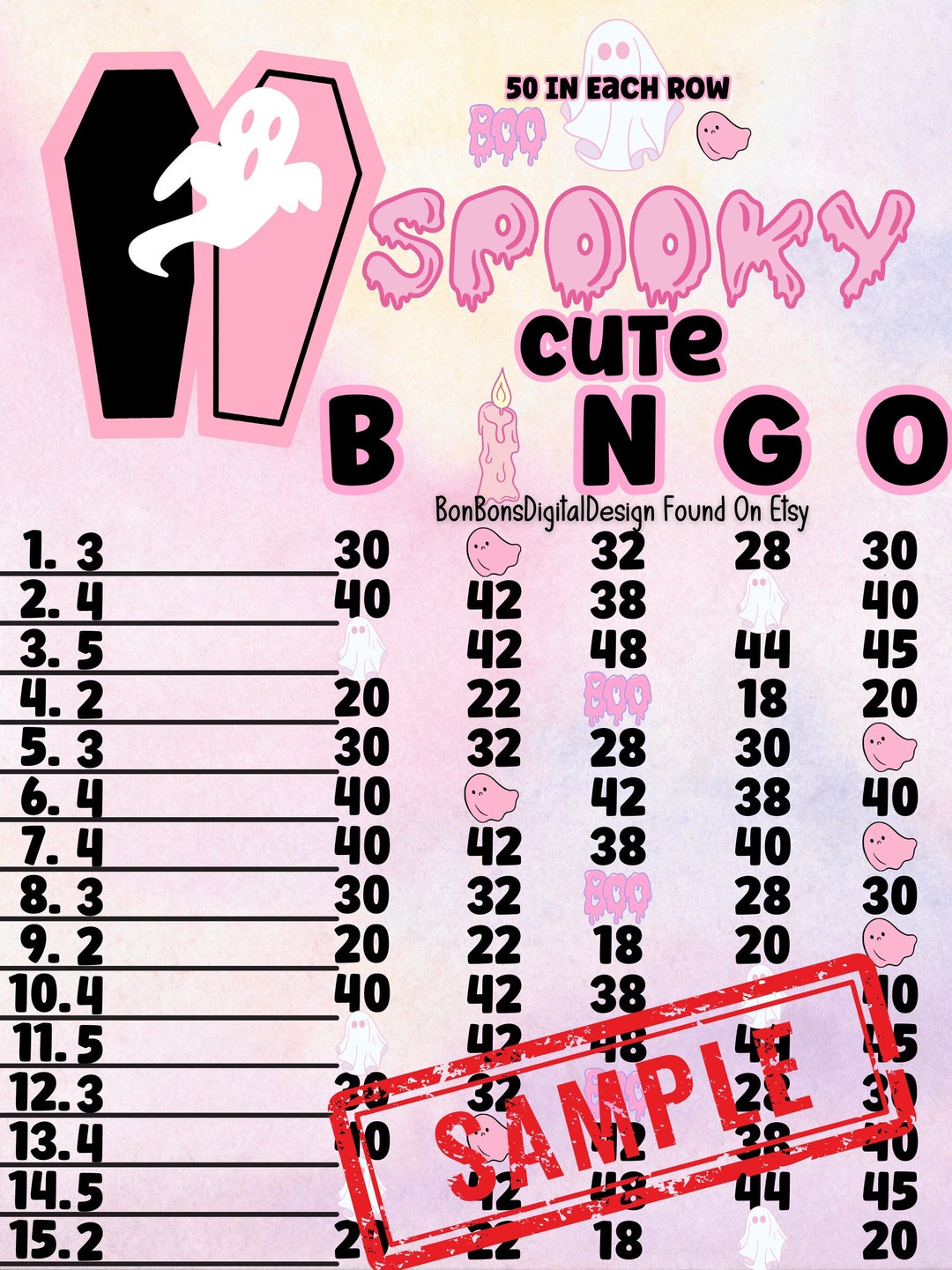 50 PYP Pro WTA 15 Line Bingo Board , Halloween Bingo , 50 in Each Row ...