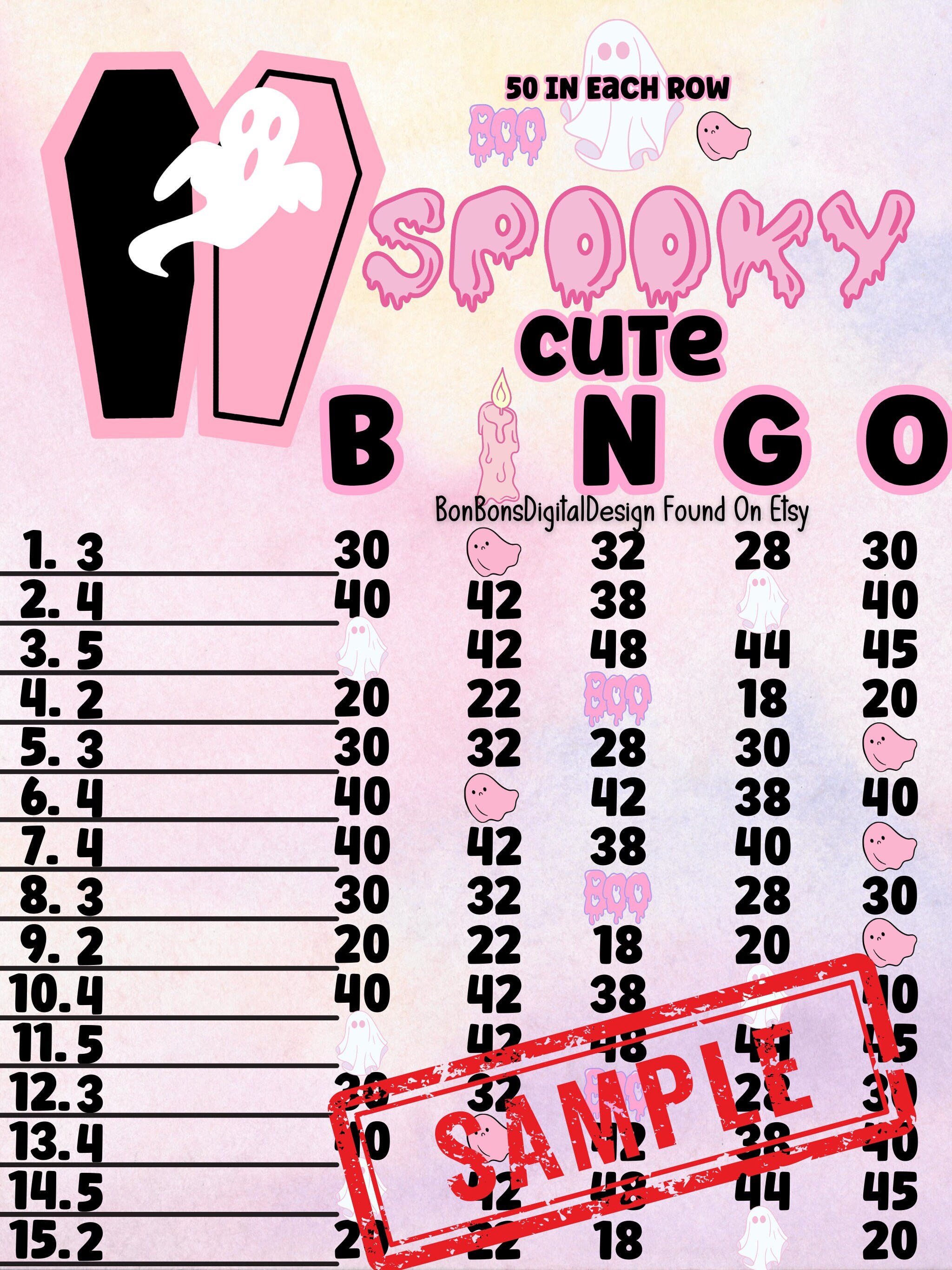 50 PYP Pro WTA 15 Line Bingo Board , Halloween Bingo , 50 in Each Row ...
