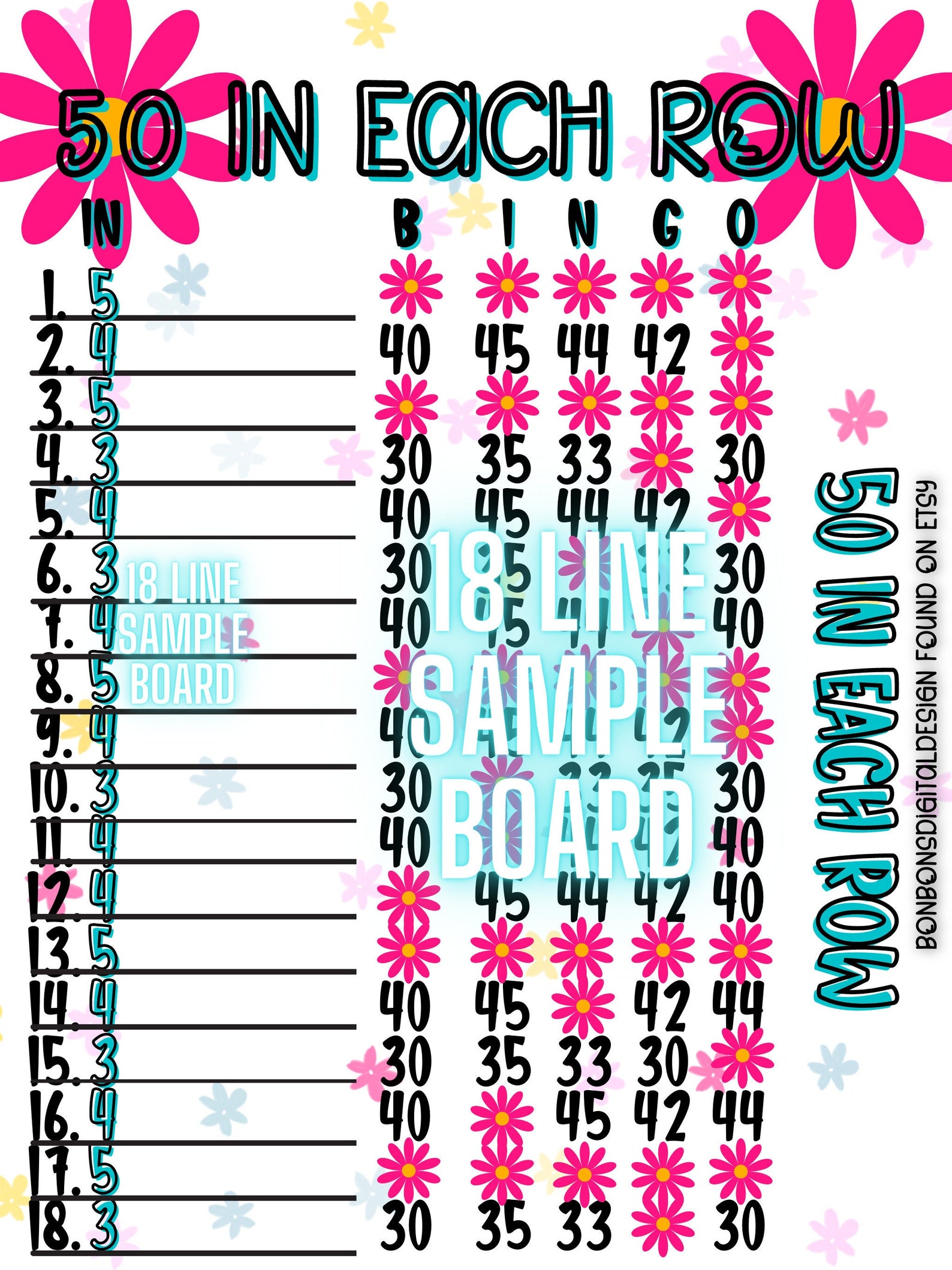 50 in Each Row WTA PYP 18 Line Bingo Board, 90 Ball Bingo, 18 Line ...