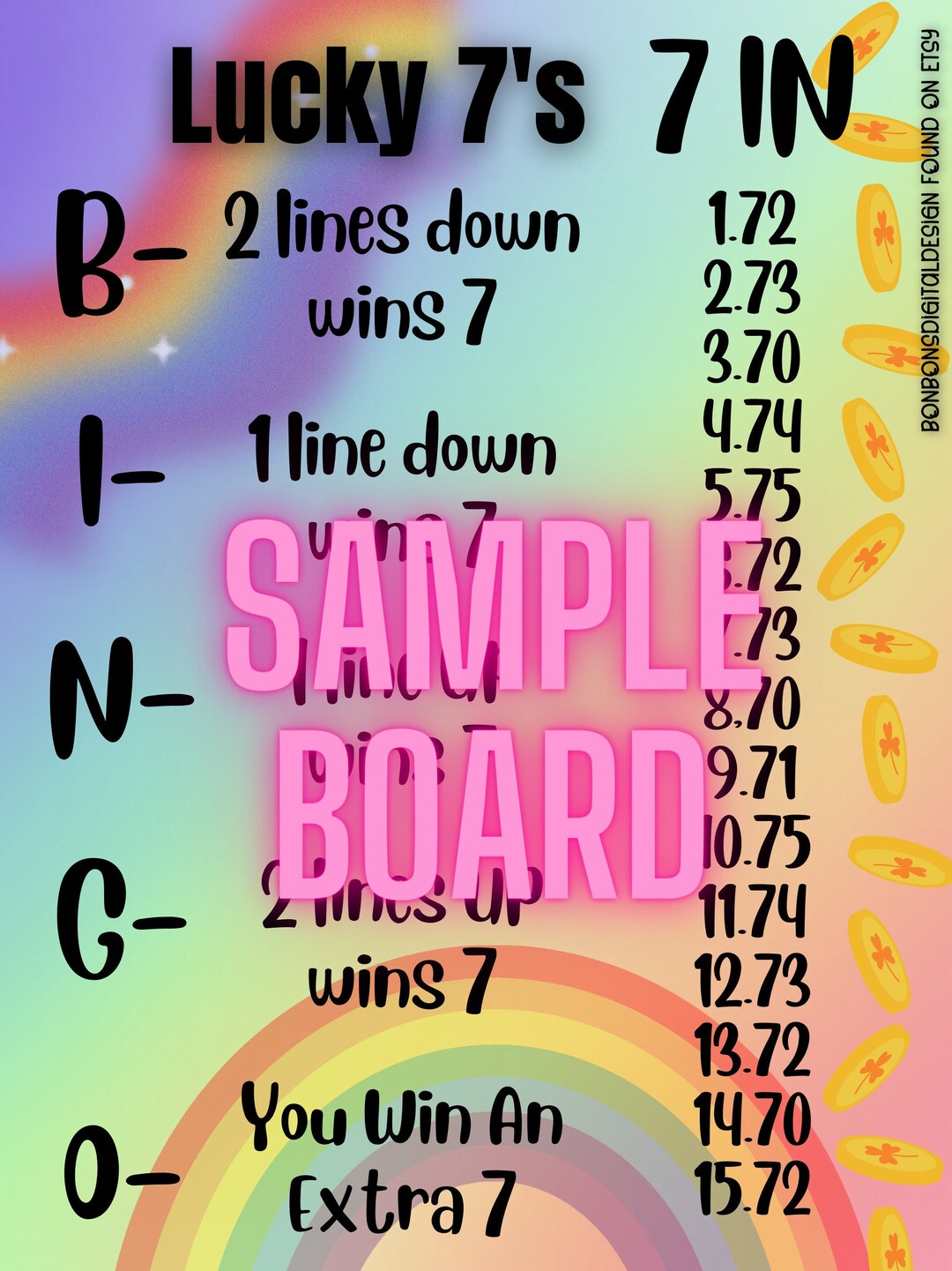 Lucky 7 15 Line Bingo Board, Custom Bingo Board, PYP Bingo - Etsy