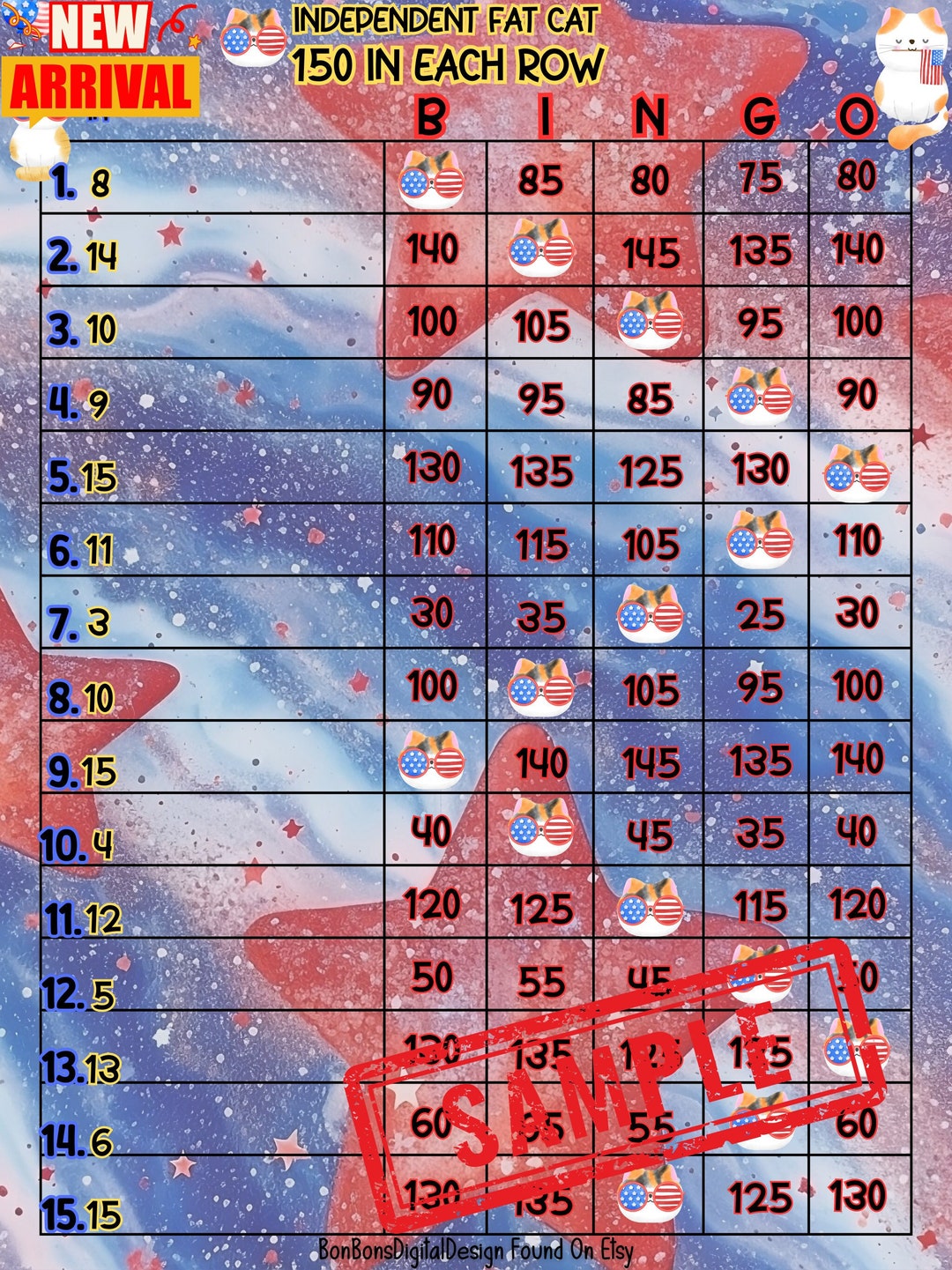 Bingo 150 WTA PYP Fat Cat 15 Line Bingo Board 4th of July - Etsy