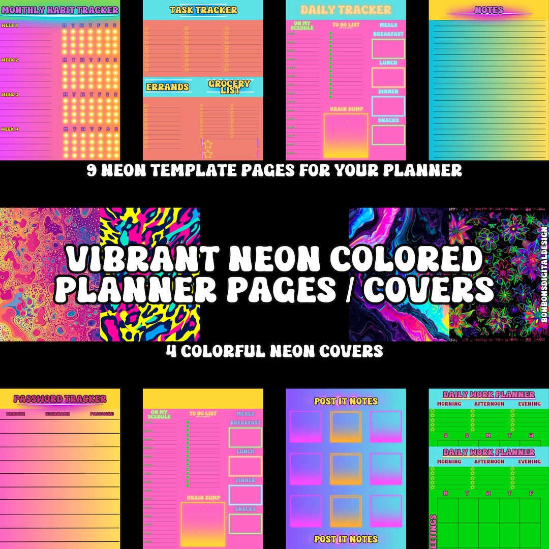 Vibrant Neon Planner Pages and Covers for Goodnotes, Daily Life Tracker ...