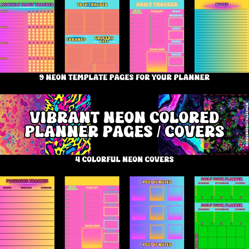 Vibrant Neon Planner Pages and Covers for Goodnotes, Daily Life Tracker ...