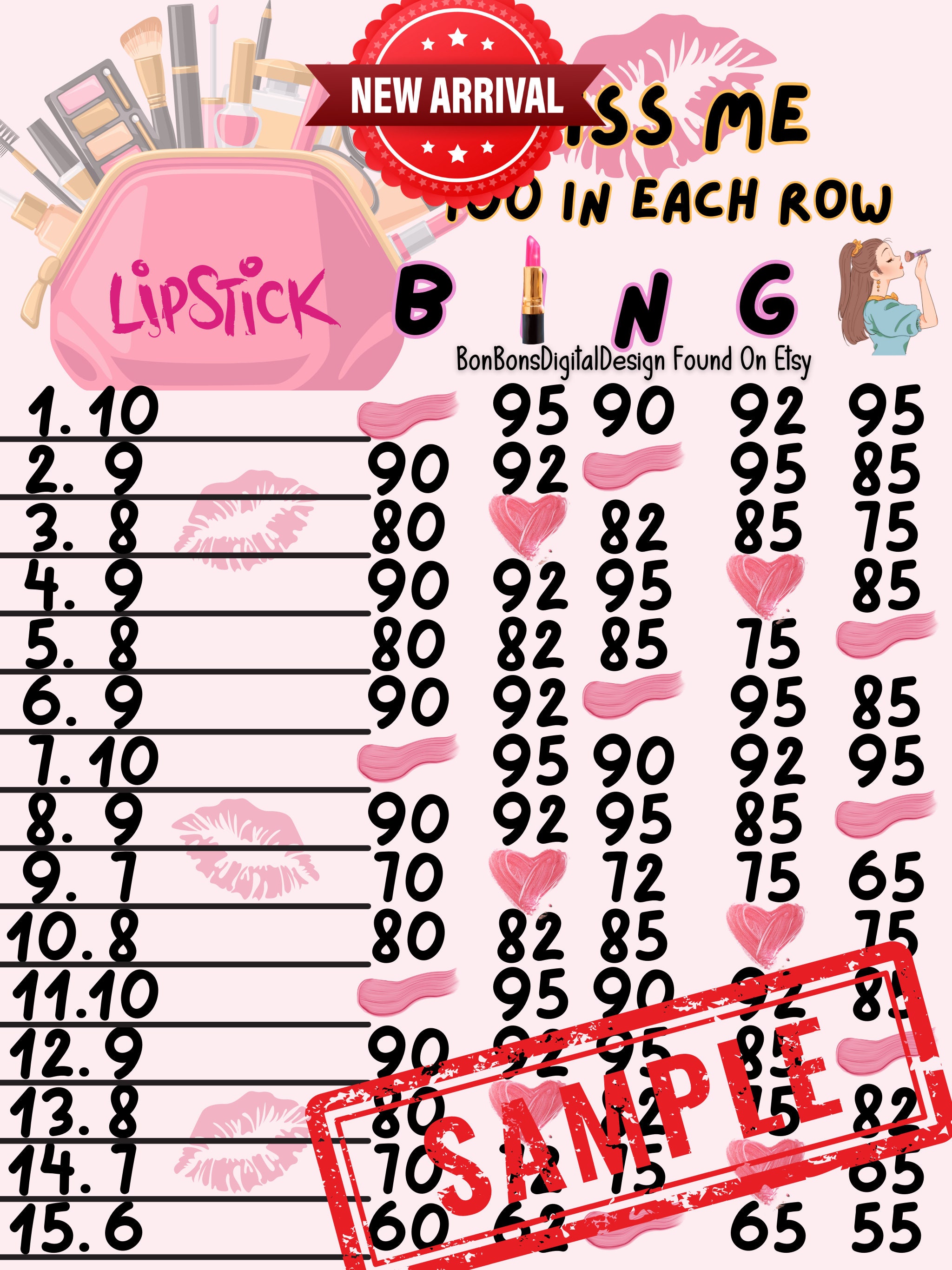 100 in Each Row WTA Kiss Me 15 Line Bingo Board - Etsy