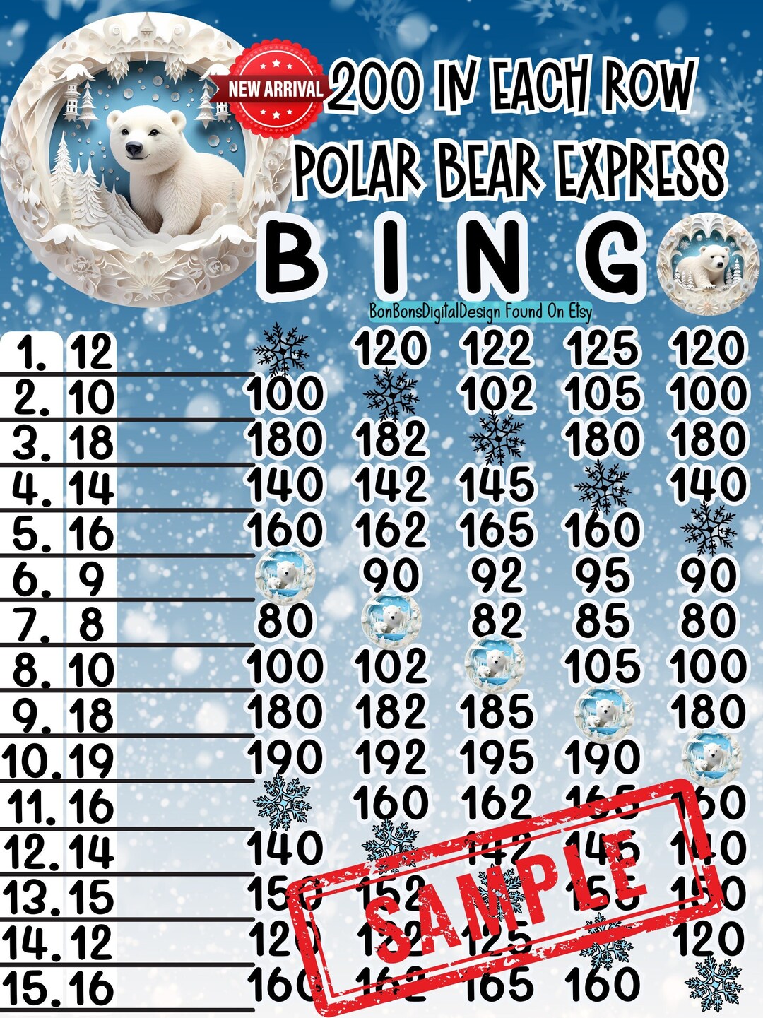 200 PYP Small Pro WTA Polar Bear 15 Line Bingo Board , 200 in Each Row ...