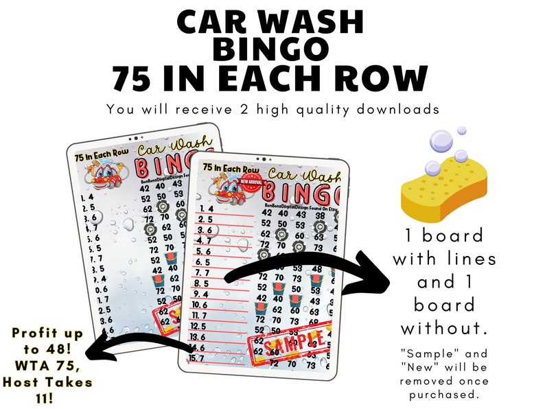 75 in Each Row WTA PYP Car Wash 15 Line Bingo Board - Etsy