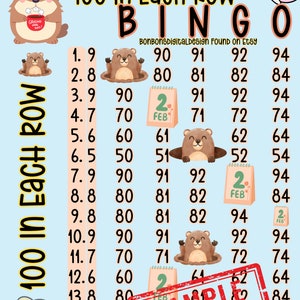 100 in Each Row PYP Pro WTA Groundhog Day 15 Line Bingo Board ...