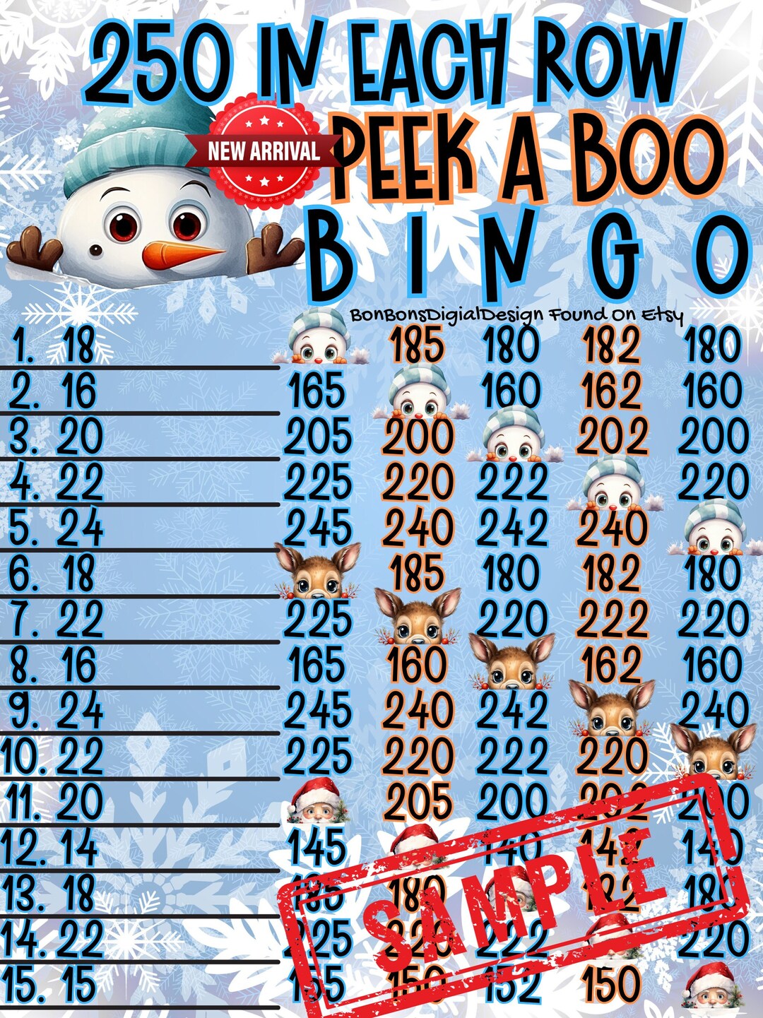 250 PYP Small Profit WTA Peek A Boo 15 Line Bingo Board , 250 in Each ...