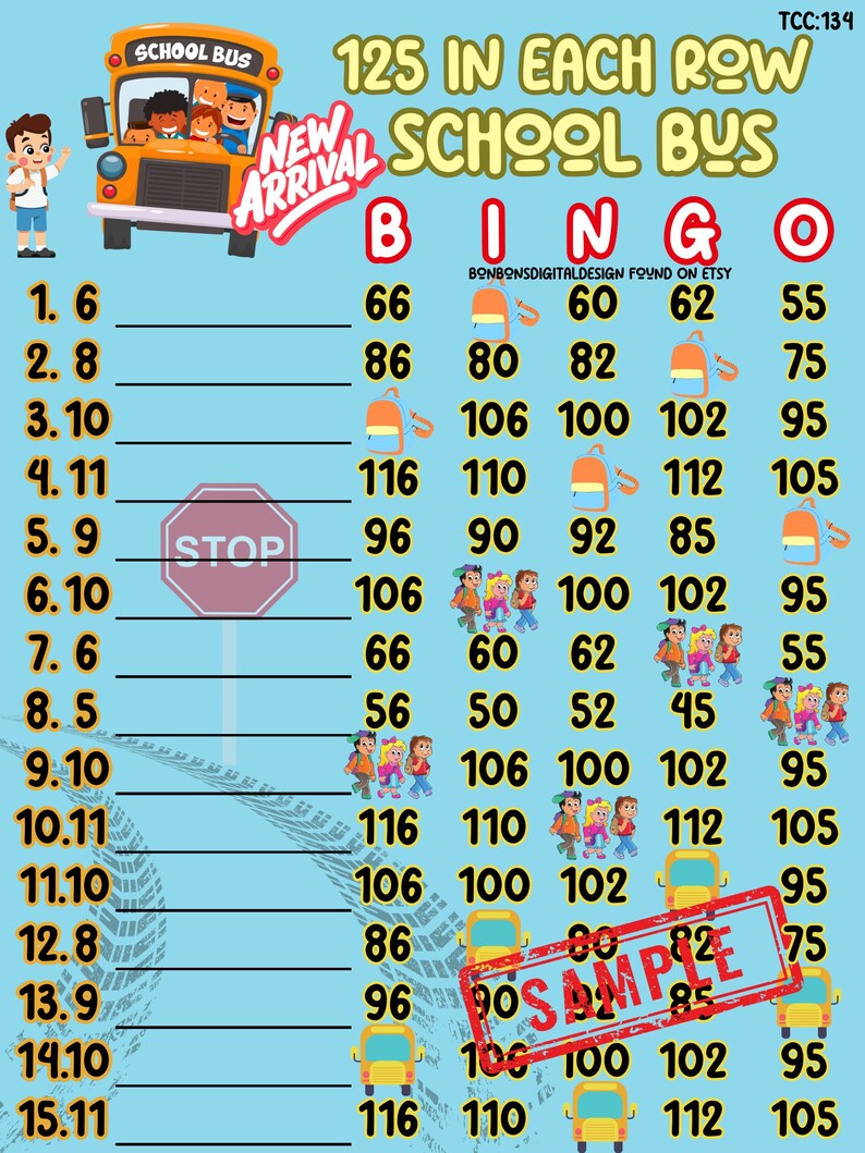 125 in Each Row Pro PYP WTA School Bus 15 Line Bingo Board - Etsy