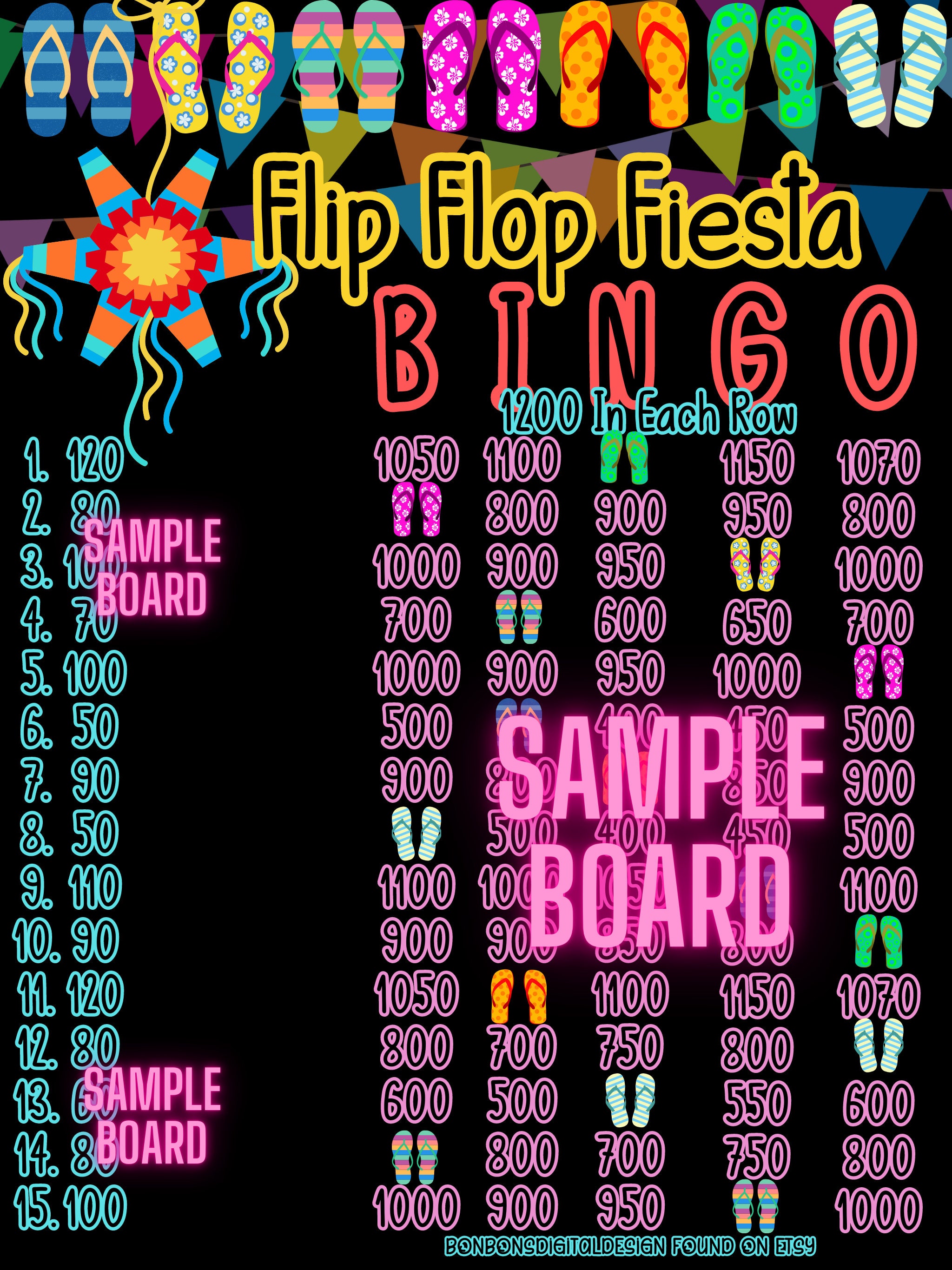 Flip Flop Fiesta 1200 WTA 15 Line Bingo Board, HR Summer Bingo Boards ...