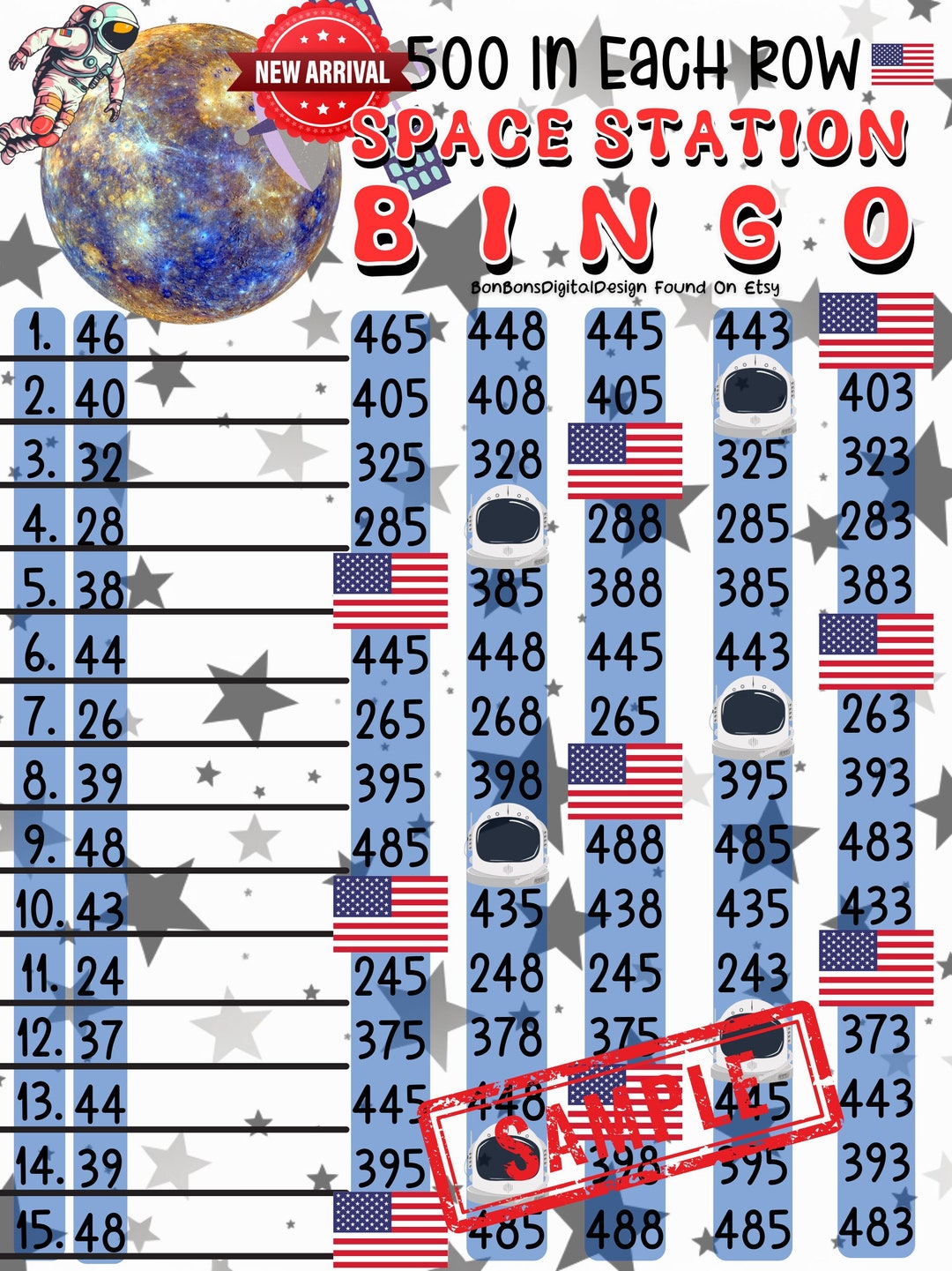 500 HR PYP Profit WTA 15 Line Bingo Board , Space Station Bingo, 500 in ...