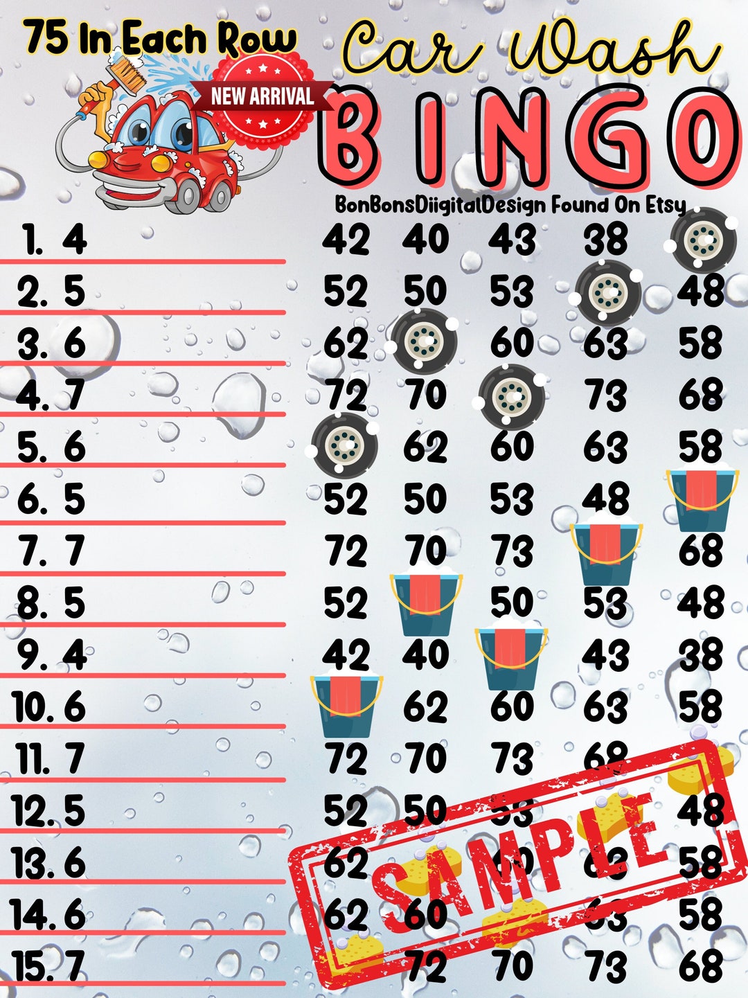 75 in Each Row WTA PYP Car Wash 15 Line Bingo Board - Etsy