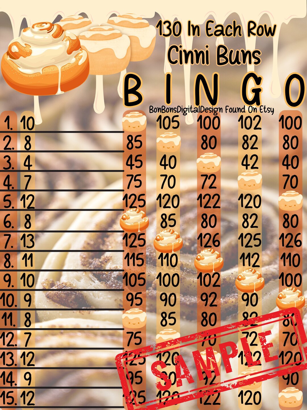 130 in Each Row PYP Pro WTA Cinni Buns 15 Line Bingo Board - Etsy