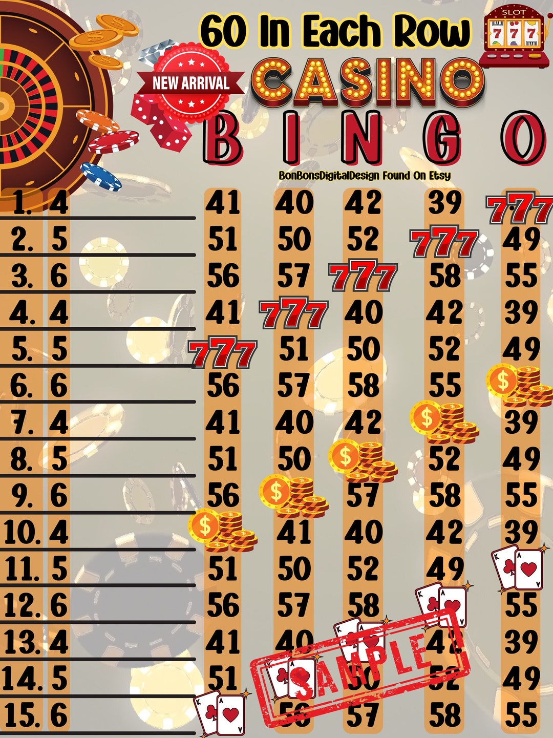 PYP Pro WTA Bingo , Casino Themed Bingo, 60 in Each Row, Low Bingo - Etsy