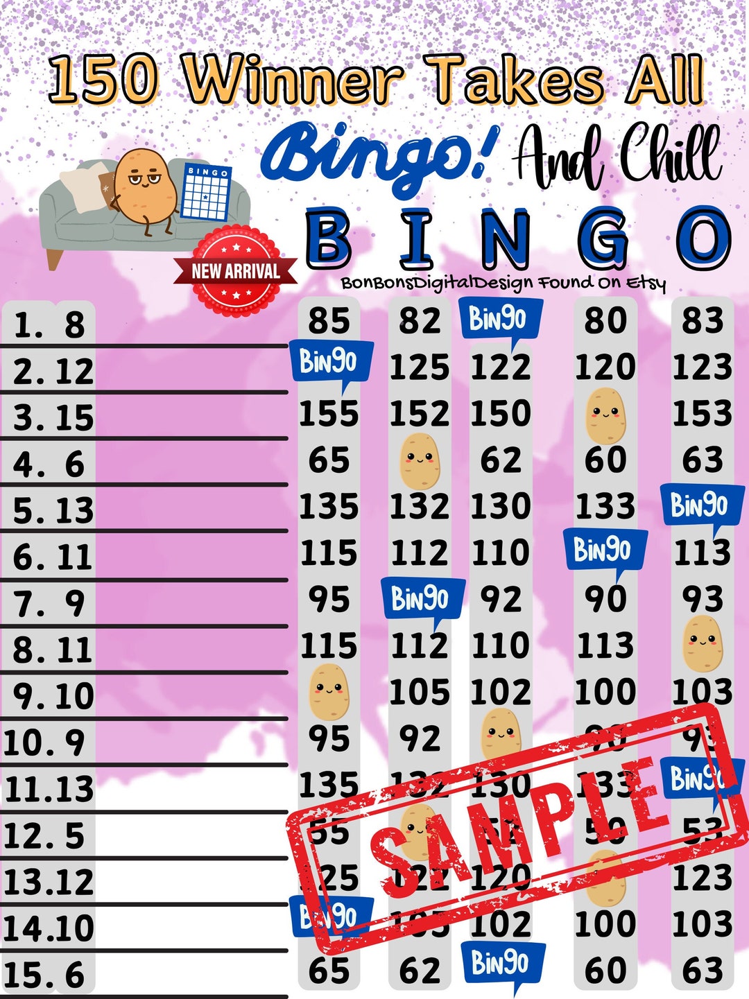 150 in Each Row WTA PYP Bingo and Chill 15 Line Bingo Board , WTA Bingo ...