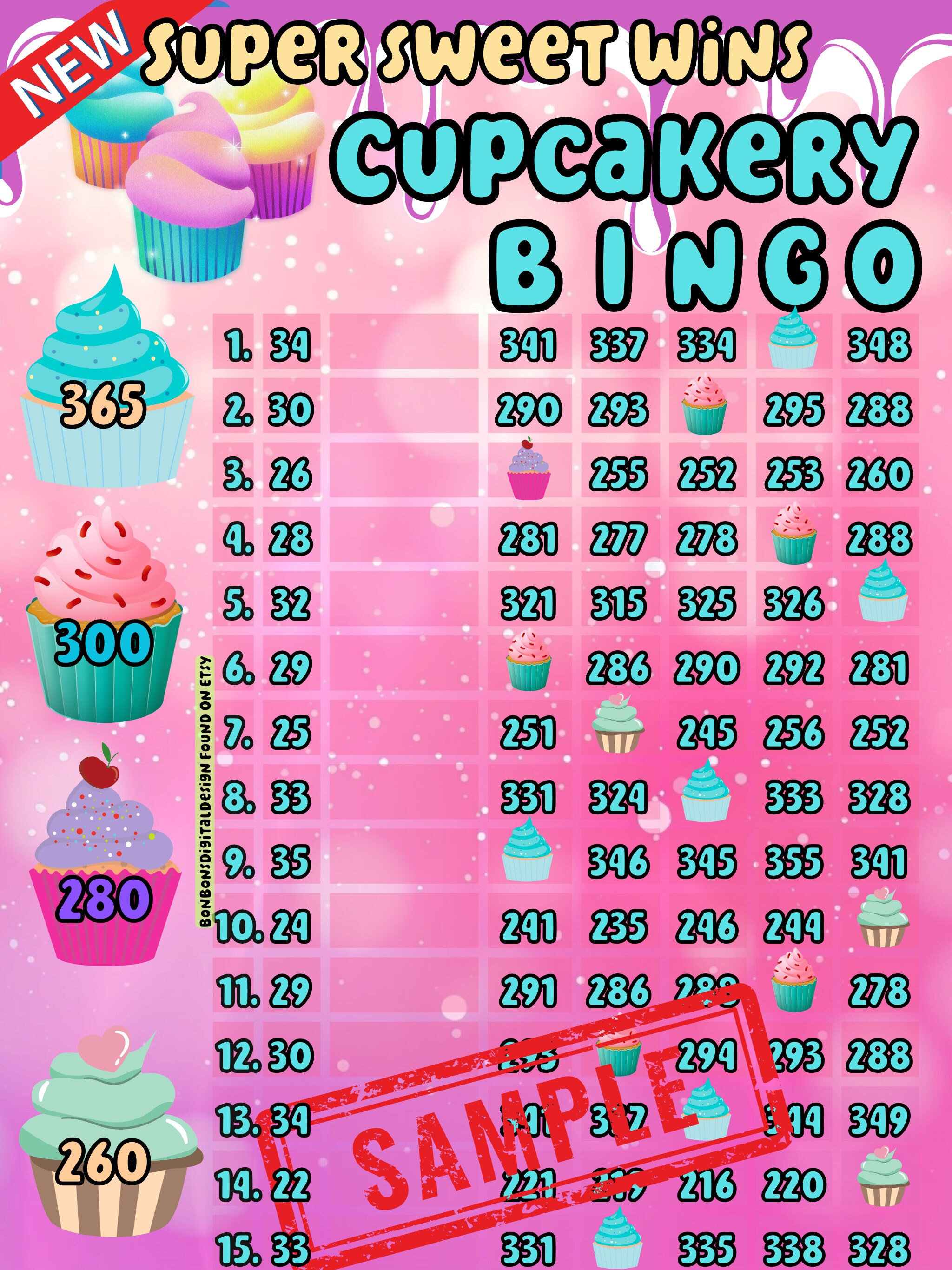 PYP Pro WTA 15 Line Bingo Board , Cupcake Bingo, Multiple Wins Bingo ...